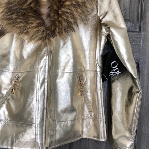 Jackets & Coats | New With Tags Gold Metallic Faux Fur Jacket Coat ...